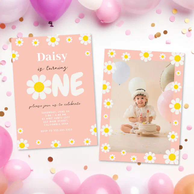 Boho Pink Cute Daisy Flowers 1st Birthday Photo Invitation | Zazzle