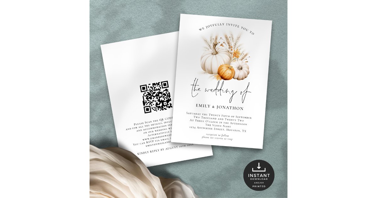 Boho Pumpkins Grasses QR Code Wedding Invitation | Zazzle