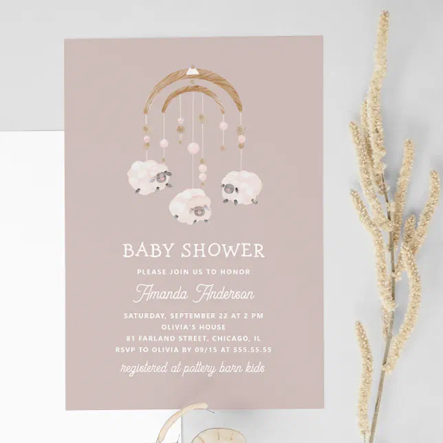 Boho Sheep Mobile | Light Mauve Soft Baby Shower Invitation | Zazzle