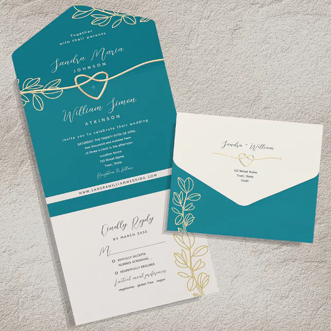 Boho Teal Wedding All In One Invitation | Zazzle