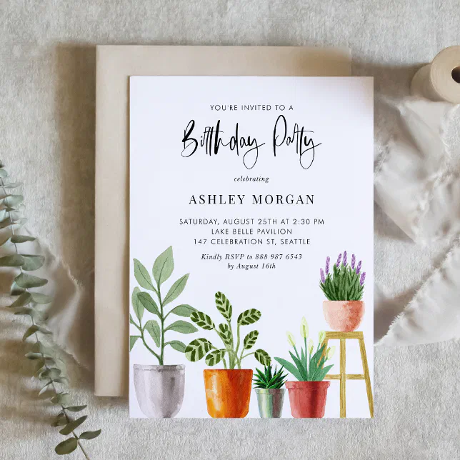 Boho Watercolor Potted Plants Birthday Party Invitation | Zazzle