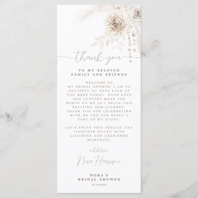 Boho White and Neutral Floral Thank you Place Card | Zazzle