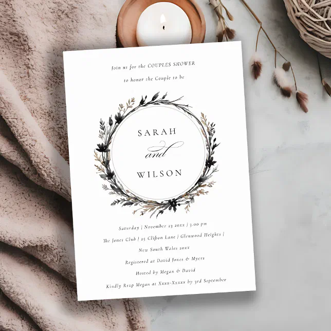 Boho Wildflower Black Fall Wreath Couples Shower Invitation | Zazzle