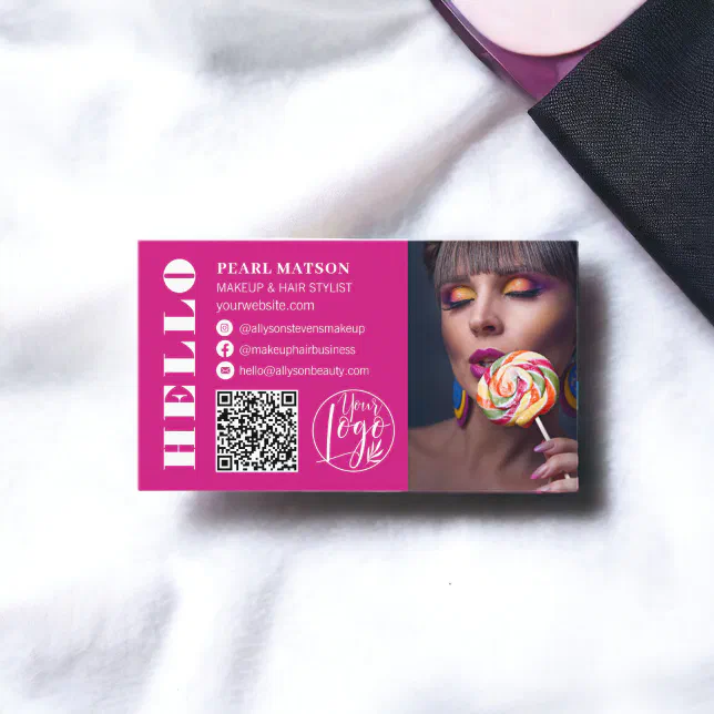 Bold hello neon pink Qr photo logo social media Business Card | Zazzle