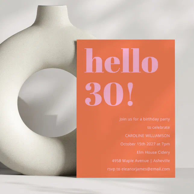 Bold Modern Simple Orange Pink 30th Birthday Party Invitation | Zazzle