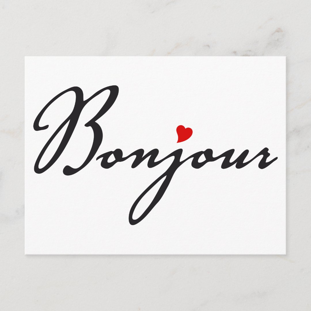 Bonjour, French word art with red heart Postcard | Zazzle