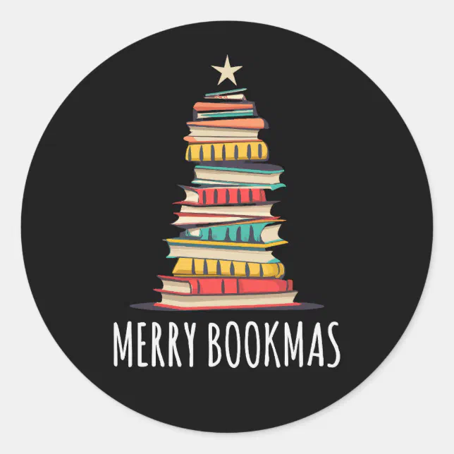 Books Christmas Tree Merry Bookmas Classic Round Sticker | Zazzle
