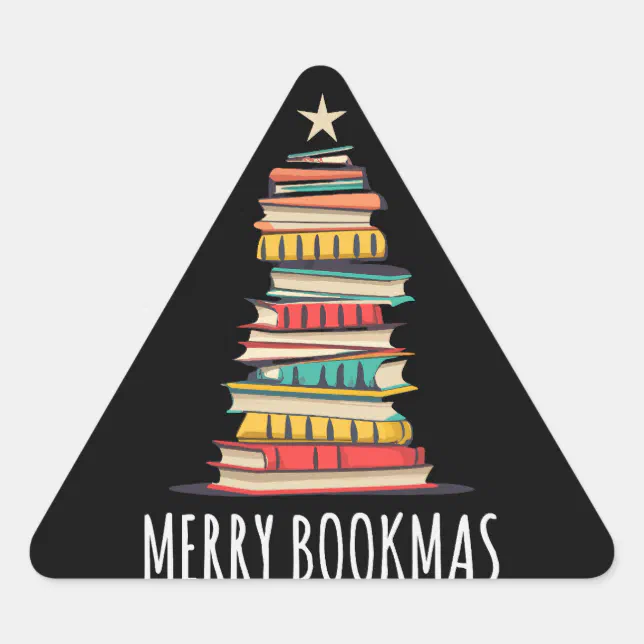 Books Christmas Tree Merry Bookmas Triangle Sticker | Zazzle