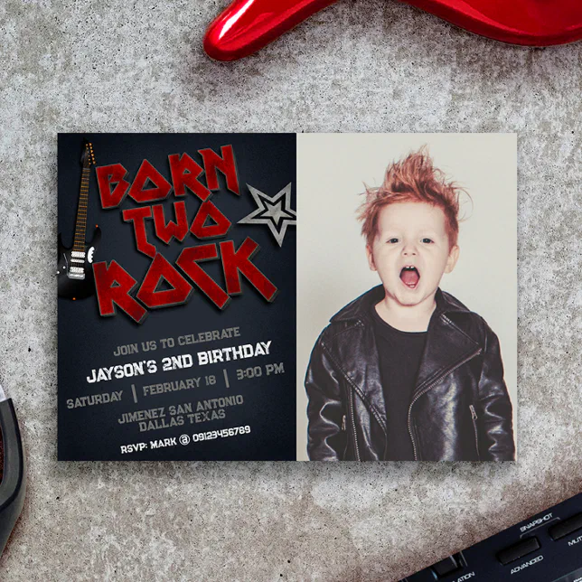 Born Two Rock - 2nd Birthday w/ Picture Landscape Invitation | Zazzle
