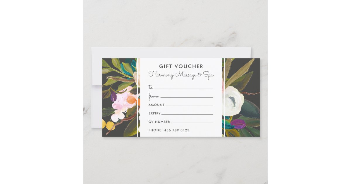 Botanical Bliss Floral Gift Voucher Card | Black | Zazzle