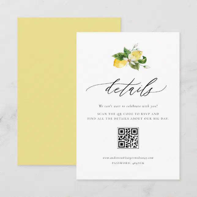 Botanical Lemon and Greenery QR Code Details Enclosure Card | Zazzle