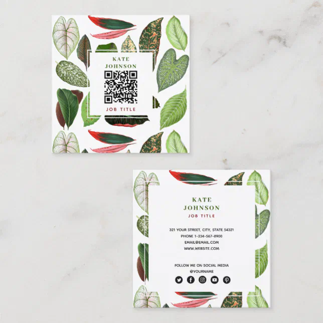 Botanical Watercolor Greenery Leaves QR Code Square Business Card | Zazzle