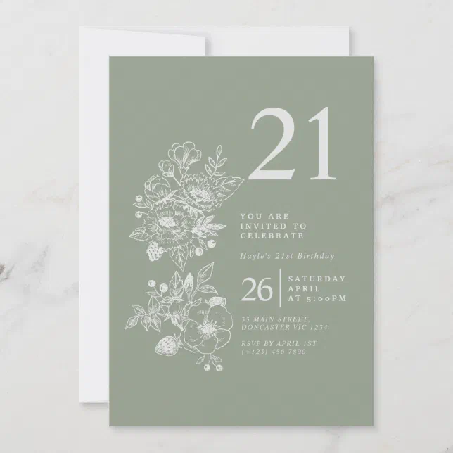 Botanical Wildflower Sage Green 21st Birthday Invitation | Zazzle