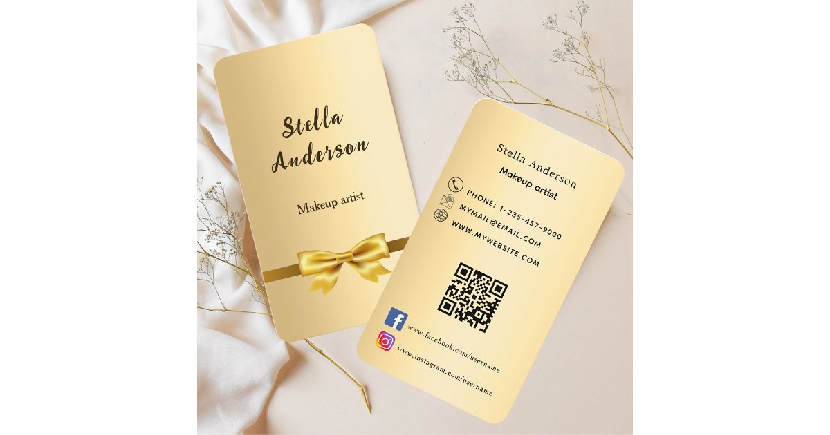 Bow gold Qr code social media Business Card | Zazzle