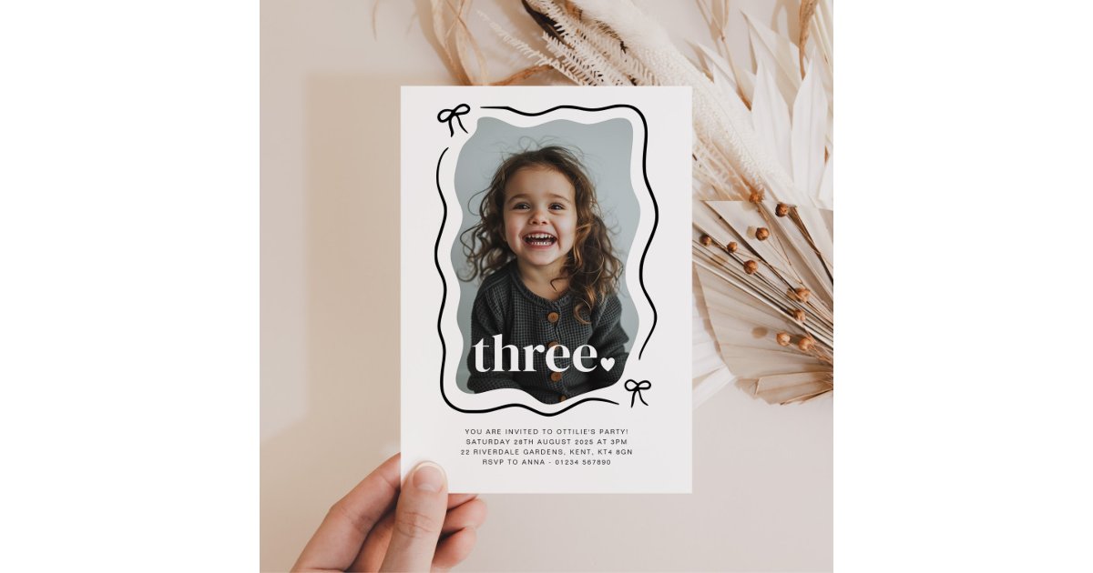 Bow Wavy Border Photo 3rd Birthday Invitation | Zazzle