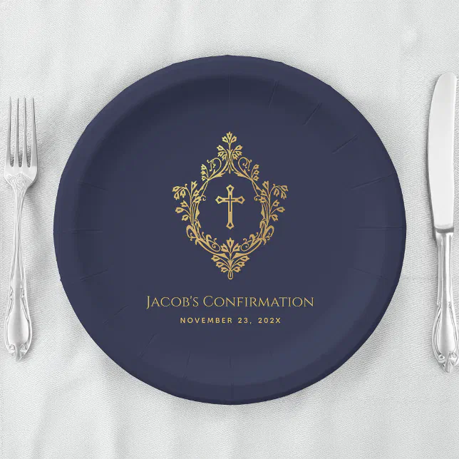 Boy Confirmation Navy Blue Faux Gold Cross Crest Paper Plate | Zazzle