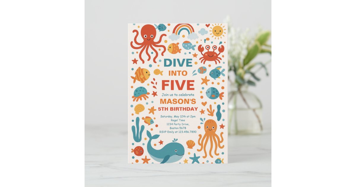 Boy Dive Into Five 5th Birthday Party Invitation | Zazzle
