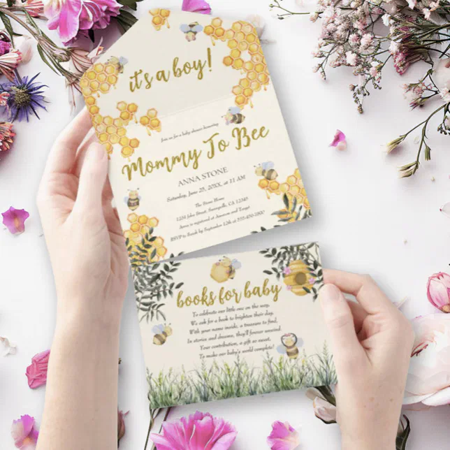Boy Mummy to Bee Cute Honeycomb Baby Shower All In One Invitation | Zazzle