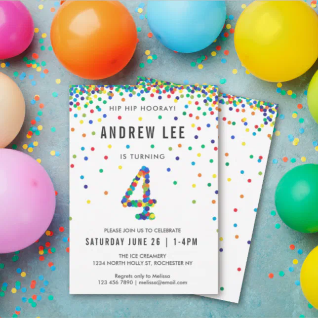 Boys 4th Birthday Party, Primary Color Confetti Invitation | Zazzle