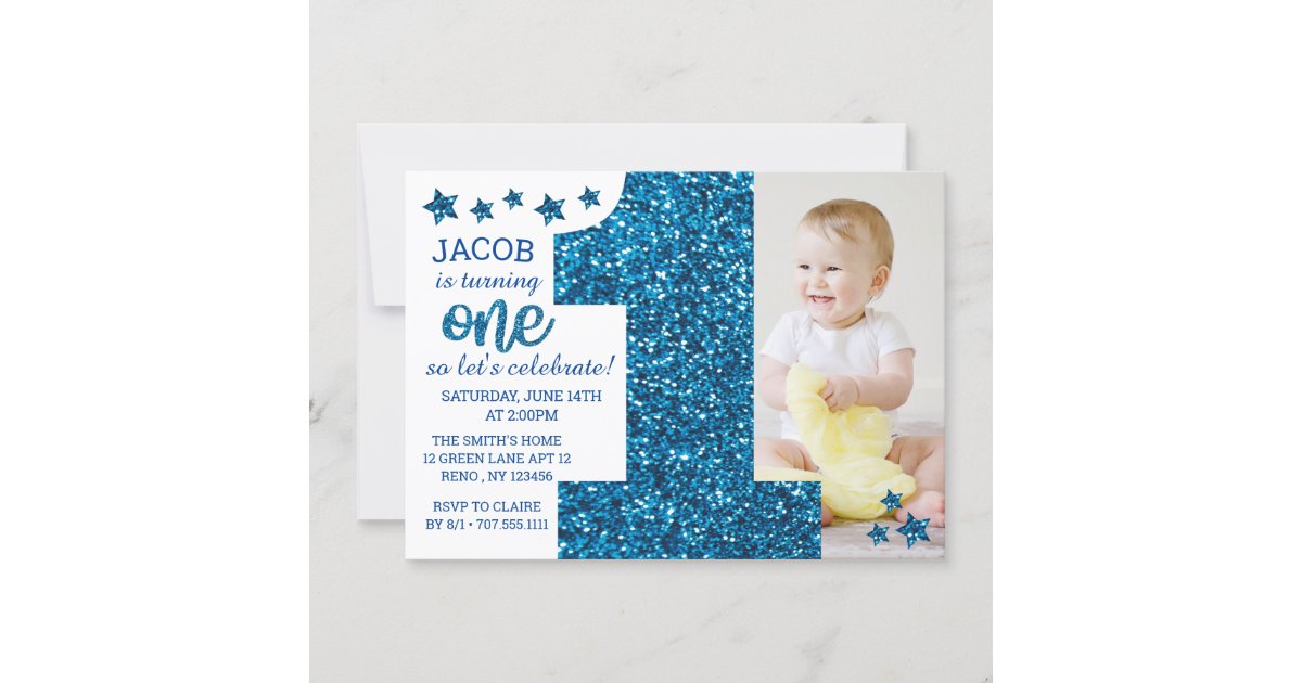 Boys Blue Glitter Photo First Birthday Invitation | Zazzle