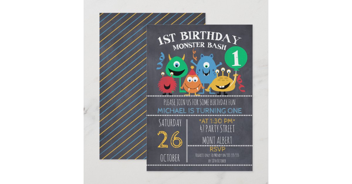 Boys Chalkboard Monsters 1st Birthday Invitation | Zazzle