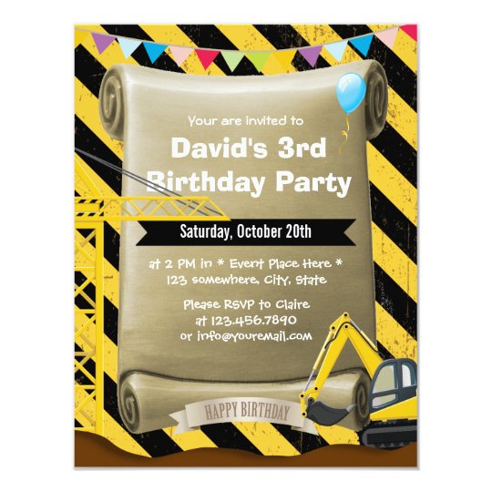 Boys Construction Excavator Birthday Party Invitation | Zazzle.co.uk