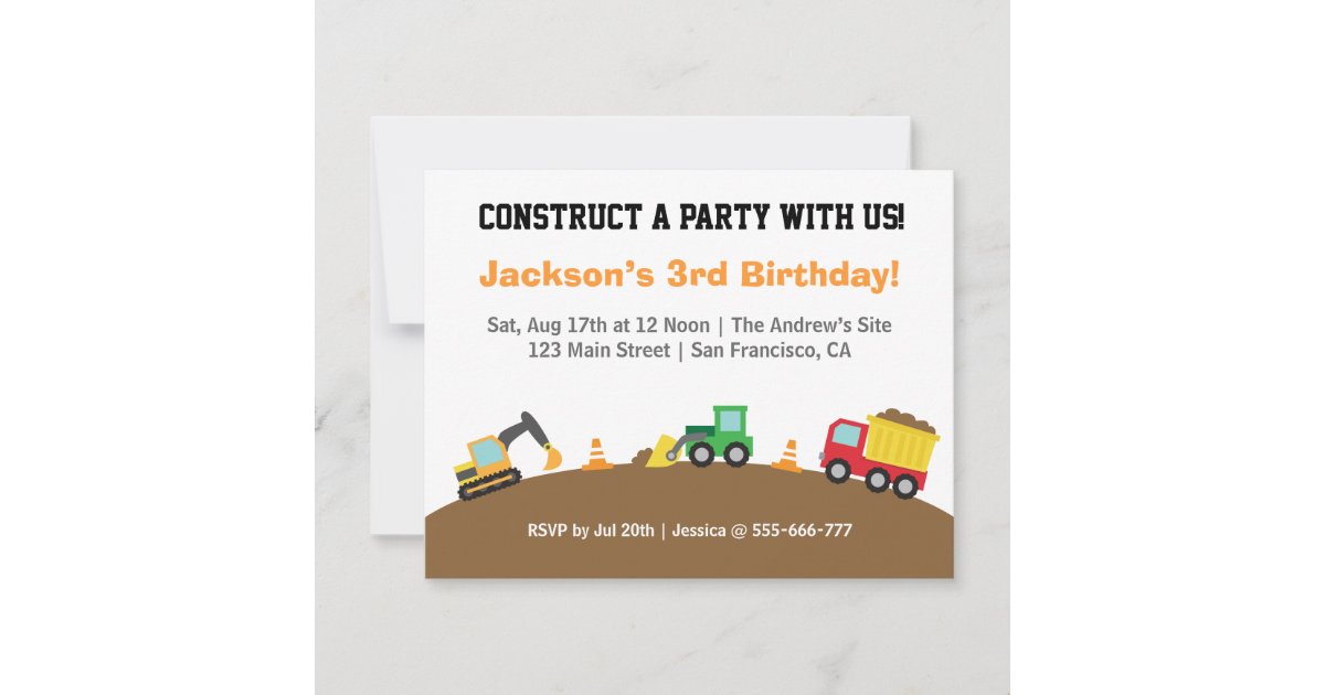 Boys Construction Vehicles Theme Birthday Party Invitation | Zazzle