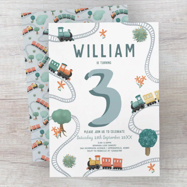 Boys Cute Modern Blue Train Travel Kids Birthday Invitation | Zazzle