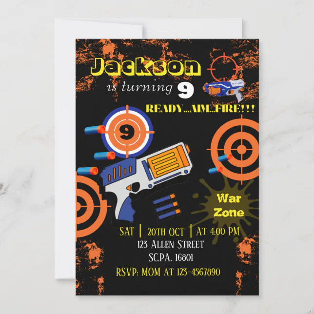 Boys Dart Gun Birthday Party Invitation | Zazzle