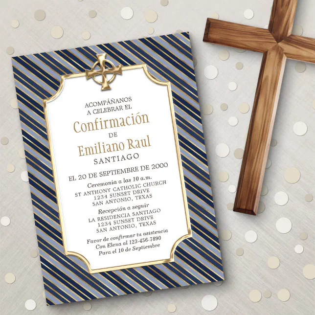 Boys' Navy Stripes Spanish Confirmation Invitation | Zazzle
