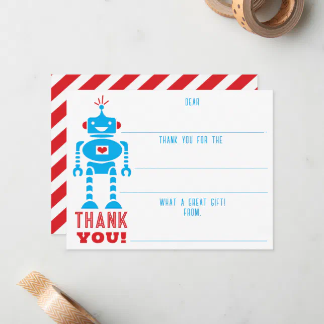 Boys Robot Fill In The Blank Thank You Card | Zazzle