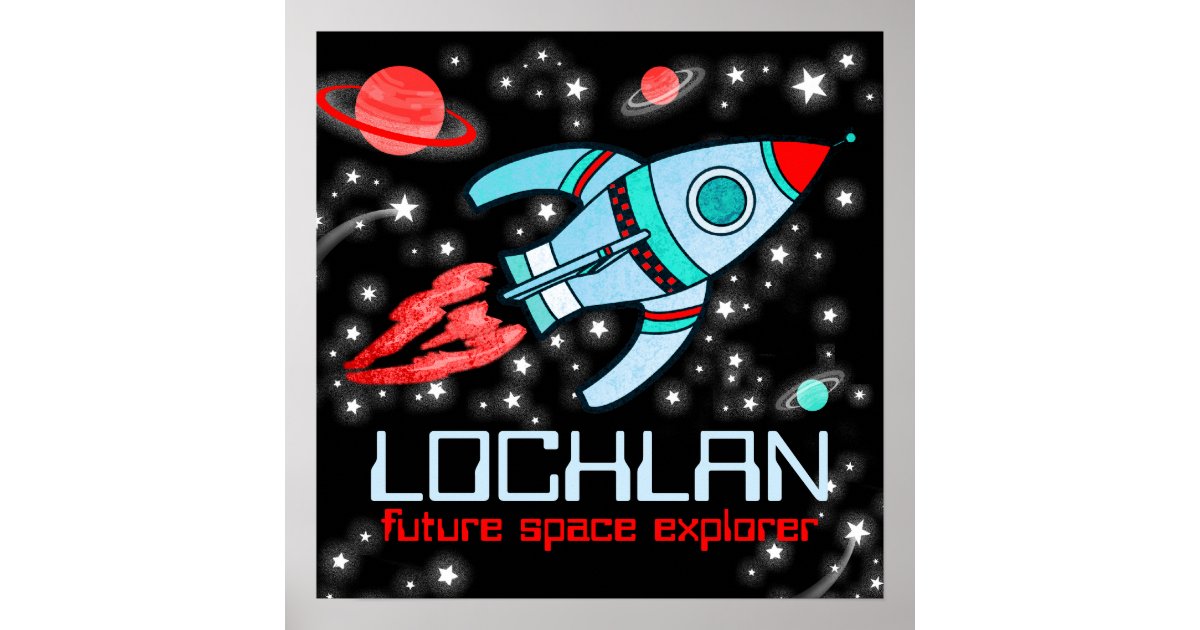 Boys rocket space customized blue red poster | Zazzle