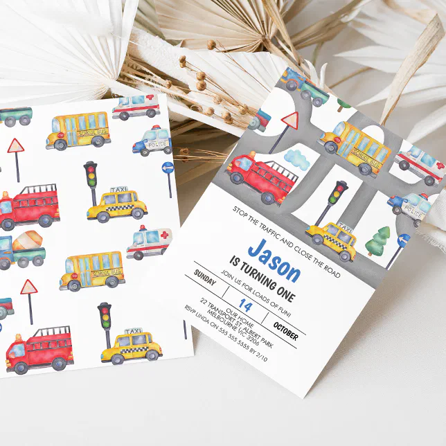 Boys Vehicles or Transport Road 1st Birthday Invitation | Zazzle
