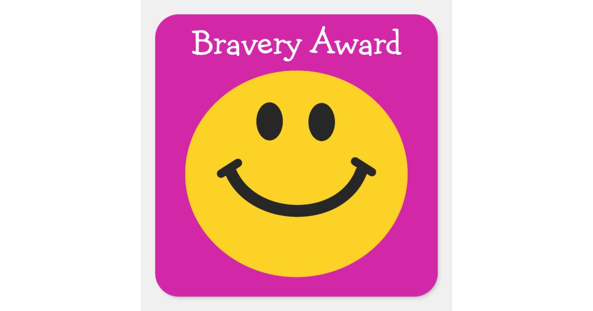 Bravery award yellow face on pink square sticker | Zazzle