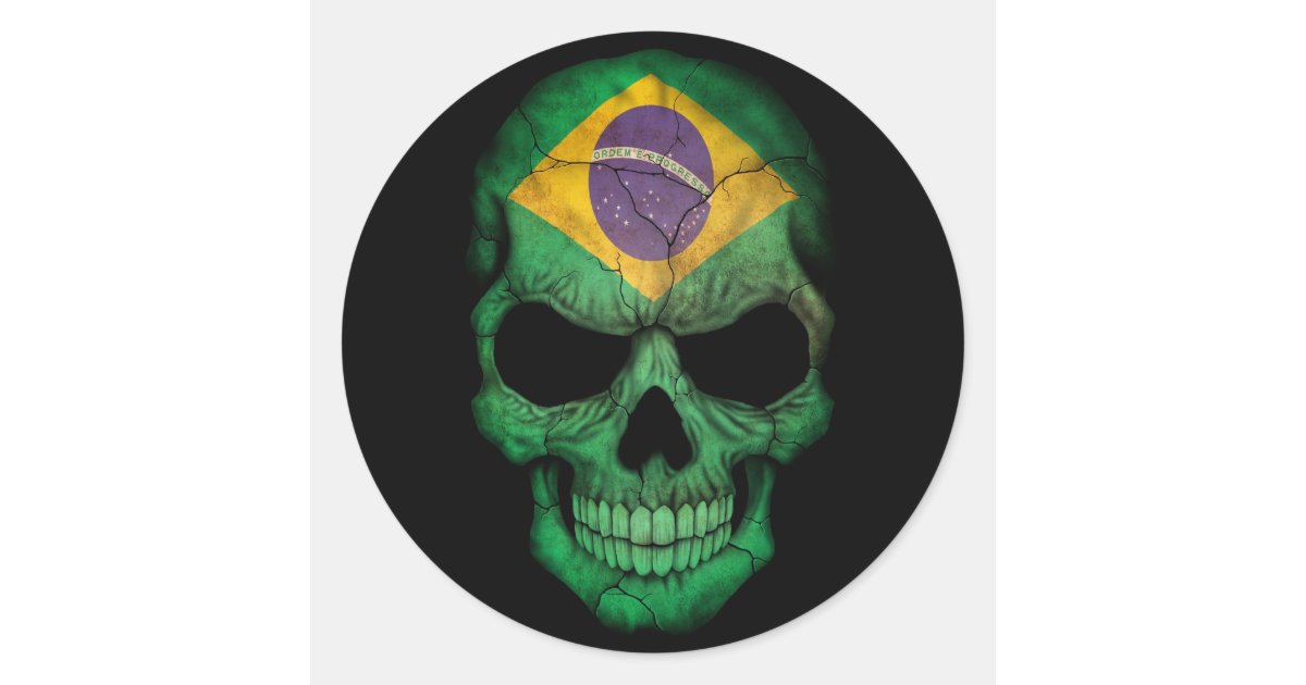 Brazilian Flag Skull on Black Classic Round Sticker | Zazzle