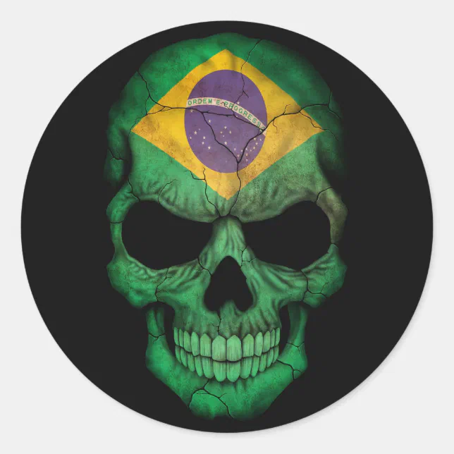 Brazilian Flag Skull on Black Classic Round Sticker | Zazzle