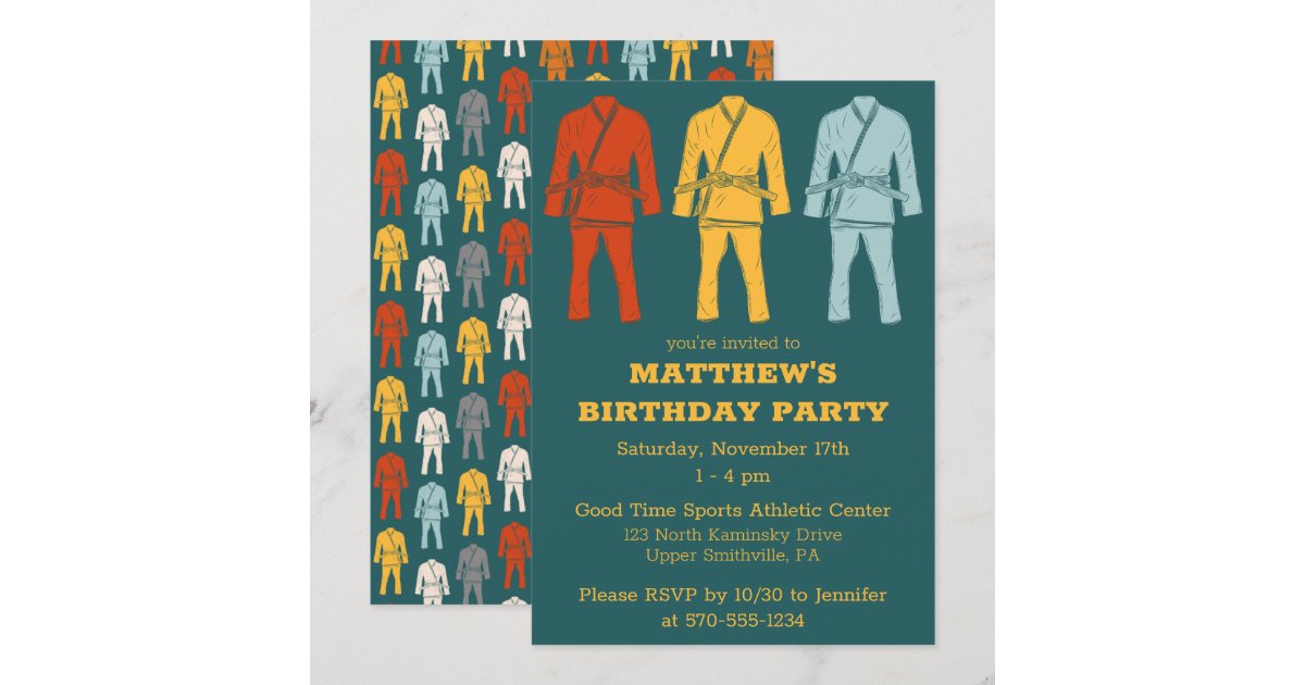 Brazilian Jiu Jitsu Gi Graphic Teal Boys Birthday Invitation | Zazzle