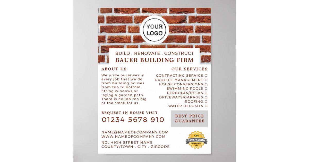 Brick Wall, Building Firm Logo, Builders Advert Poster | Zazzle