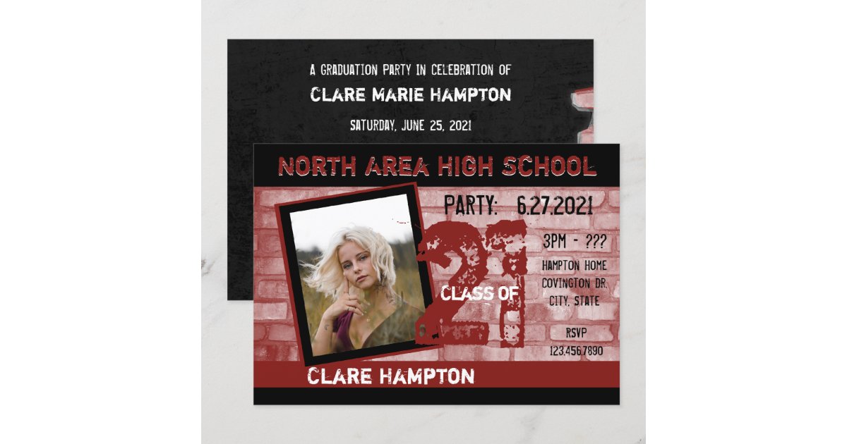 Brickwork Graffiti Red 2021 Graduation with Photo Invitation | Zazzle
