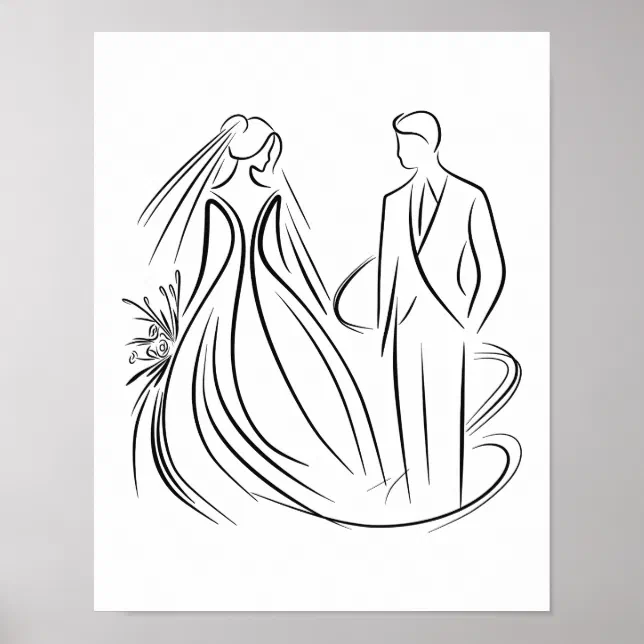 "Bride and Groom Wedding Line Art Black and White Poster | Zazzle