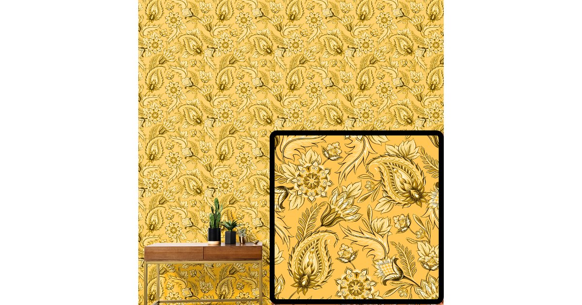 Bright Deep Yellow Gold Floral Paisley Elegant Wallpaper | Zazzle