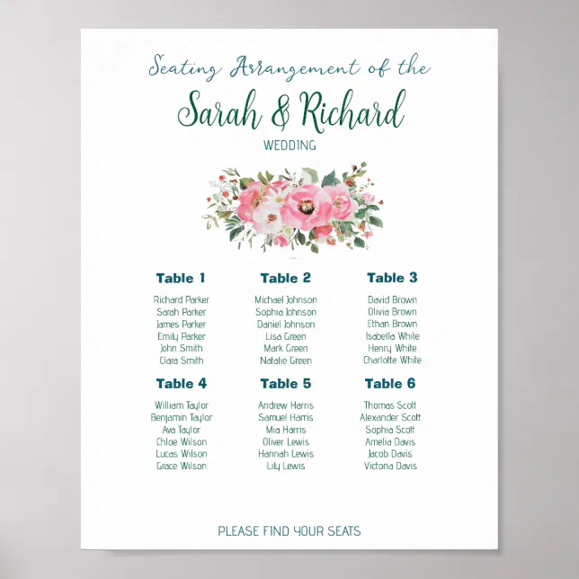 Bright Pink Floral Wedding Seating Chart | Zazzle