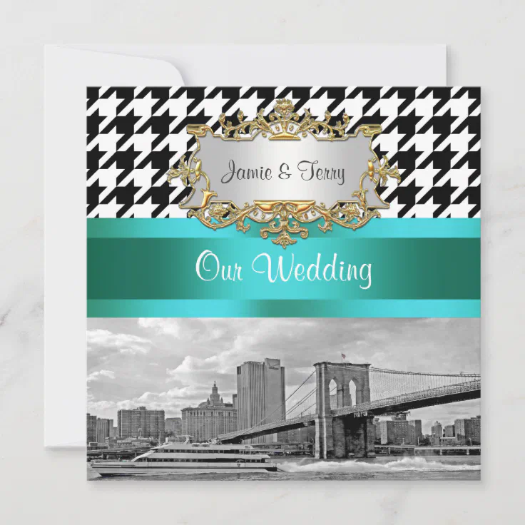 Brooklyn Bridge Blk Wht Red Houndstooth 2 Wedding Invitation | Zazzle