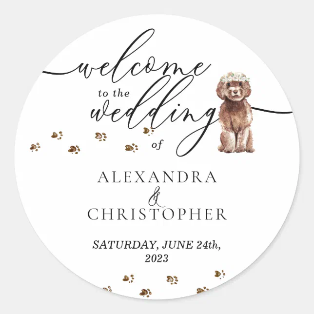 Brown Cavapoo puppy Dog Wedding Welcome Classic Round Sticker | Zazzle