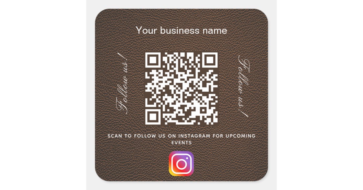 Brown leather business name qr code instagram square sticker | Zazzle
