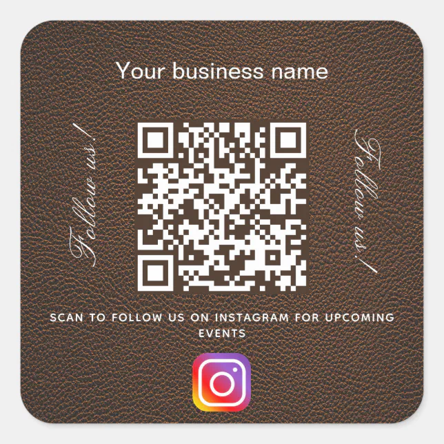 Brown leather business name qr code instagram square sticker | Zazzle