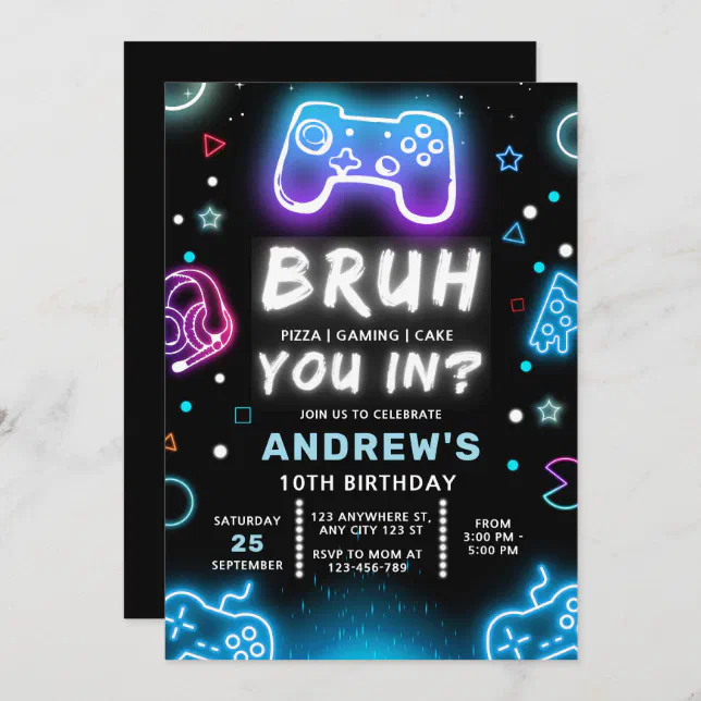 BRUH YOU IN? Neon Gamer Birthday Invitation | Zazzle