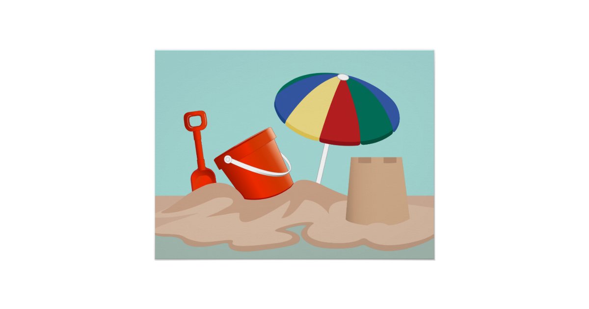 Bucket and Spade Beach Scene Illustration Poster | Zazzle