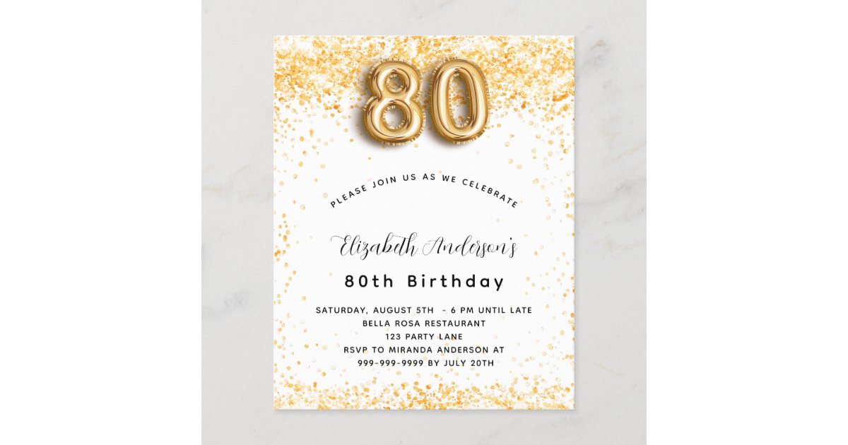 Budget 80th birthday white gold glitter invitation | Zazzle