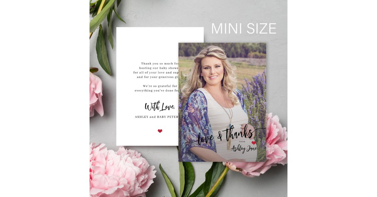 Budget baby shower photo modern script thank you card | Zazzle